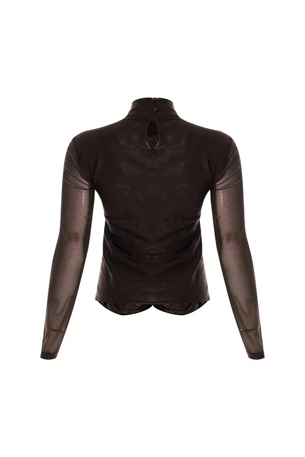 EXQUISE Draped Mesh Turtleneck Blouse