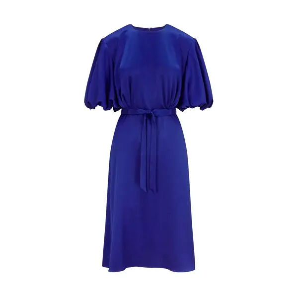FEMPONIQ Draped Puff Sleeve Satin Midi Dress