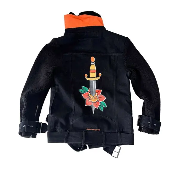 CIRCULAR PATH Wren + Glory Black Denim Moto Jacket With Dagger And Rose Graphic