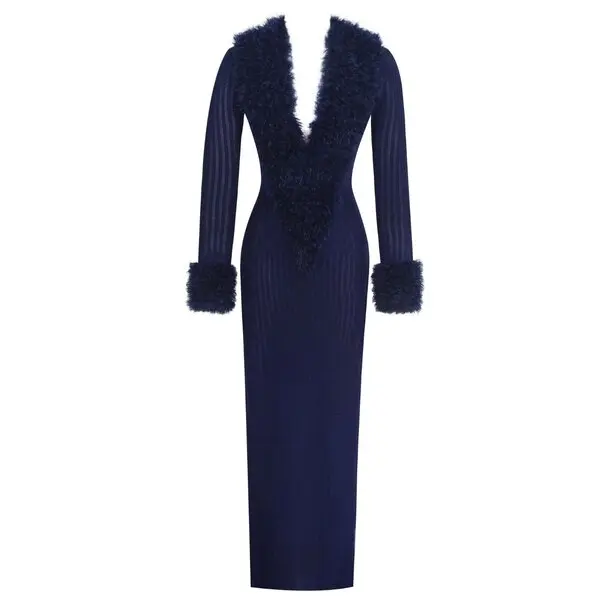 MISS CIRCLE NEW YORK Plunging Fur Trimmed Crochet Maxi Dress - Blue