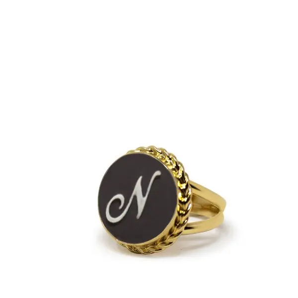 VINTOUCH ITALY Gold Vermeil Initial N Cameo Ring - Gold/black