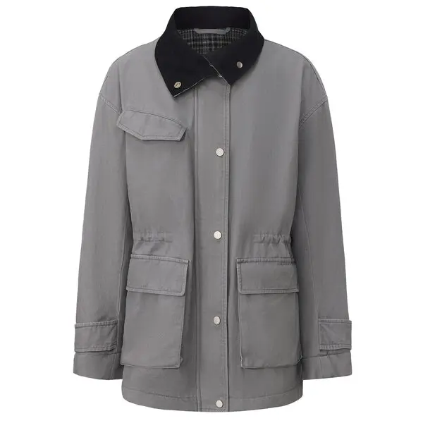FRONT ROW SHOP Washed Field Jacket With Corduroy Collar And Check Lining