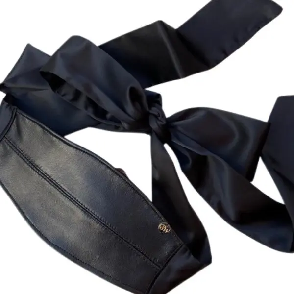 SOMETHING WICKED Real Leather Blindfold With Satin Ties - Black