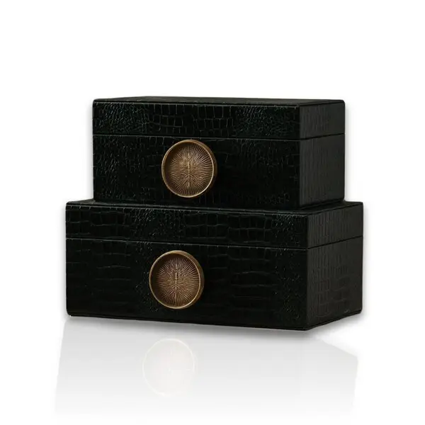 MARLETH Set Of Two Leather Storage Boxes With Brass Button Detail - Gold/black