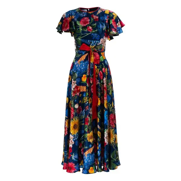 SOFIA TSERETELI Floral Print Silk Satin Gown With Bow
