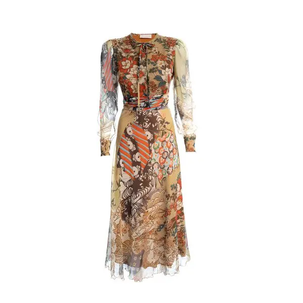 SOFIA TSERETELI Patterned Crepon Silk Long Dress