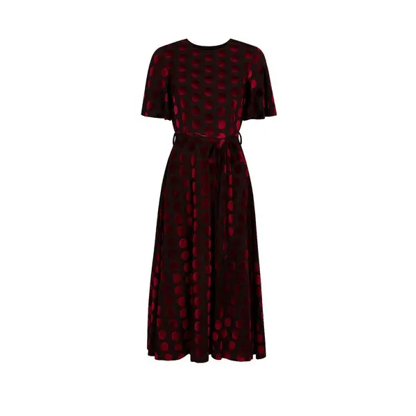 YUMI Burgundy Velour Spot Midi Skater Dress - Red