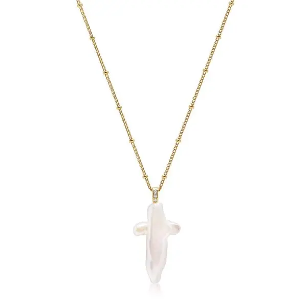 NIALAYA JEWELRY White Pearl Cross Chain Necklace - White/gold