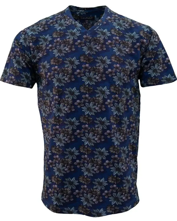 LORDS OF HARLECH Maze Italian Floral V-neck Tee Navy - Blue