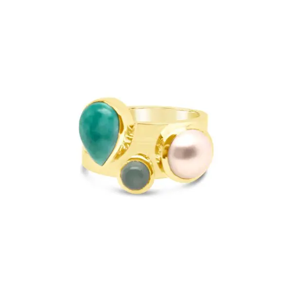 GEM BAZAAR JEWELLERY Gold Vermeil Stackable Ring With Turquoise, Pearl, And Chalcedony - Gold/green/white
