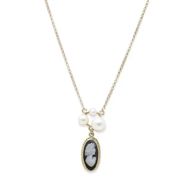 VINTOUCH ITALY Gold-plated Black Cameo And Pearl Necklace - White/black/gold