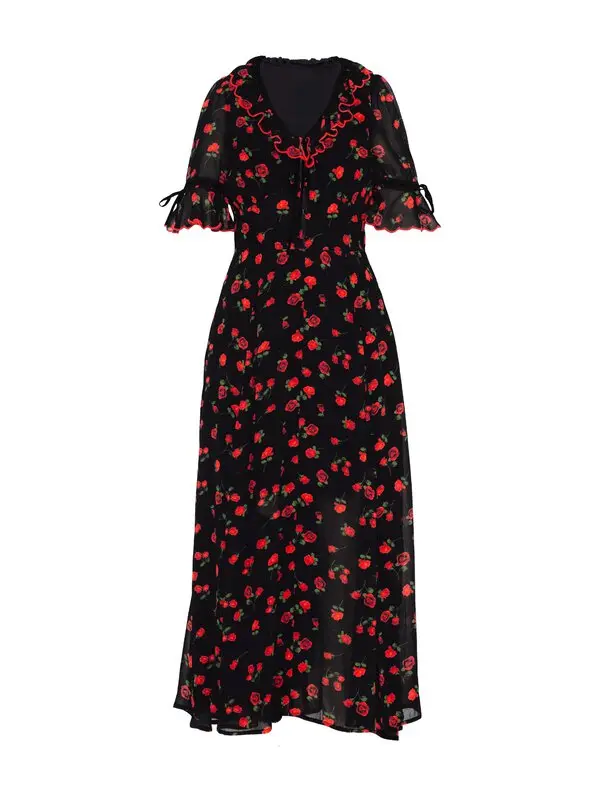 ROSE & NANCY Rose Print Velvet Tie Maxi Dress - Black/red