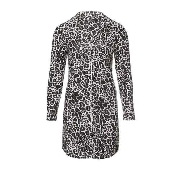 PRETTY YOU Bamboo Long Sleeved Classic Nightshirt In Leopard Print - Brown