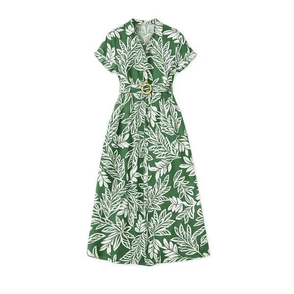 YUMI Leaf Print Viscose Relaxed Midi Shirt Dress - Green