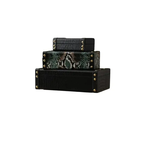 MARLETH Green / Black Three-piece Snake Leather Storage Box Set – Faux Leather Decorative Organisers - Green/black