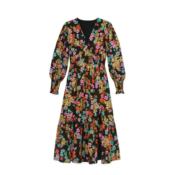 YUMI Floral And Foil Ruched Midi Dress With Split Hemline - Black