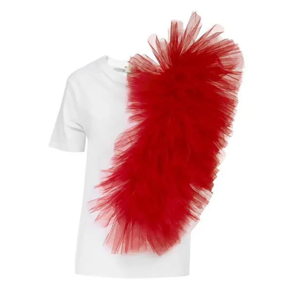 LIA ARAM Regular Fit T-shirt With Asymmetric Tulle Panel - White/red