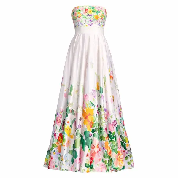 Mac Duggal Floral Print Strapless Satin A-line Gown