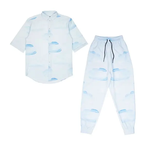 MYSIMPLICATED Short Sleeve Shirt And Trousers Set With Clouds Design - Blue