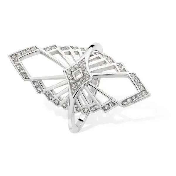 LUCY QUARTERMAINE Art Deco Mirror Chrysler Ring With White Topaz Gemstones - Silver