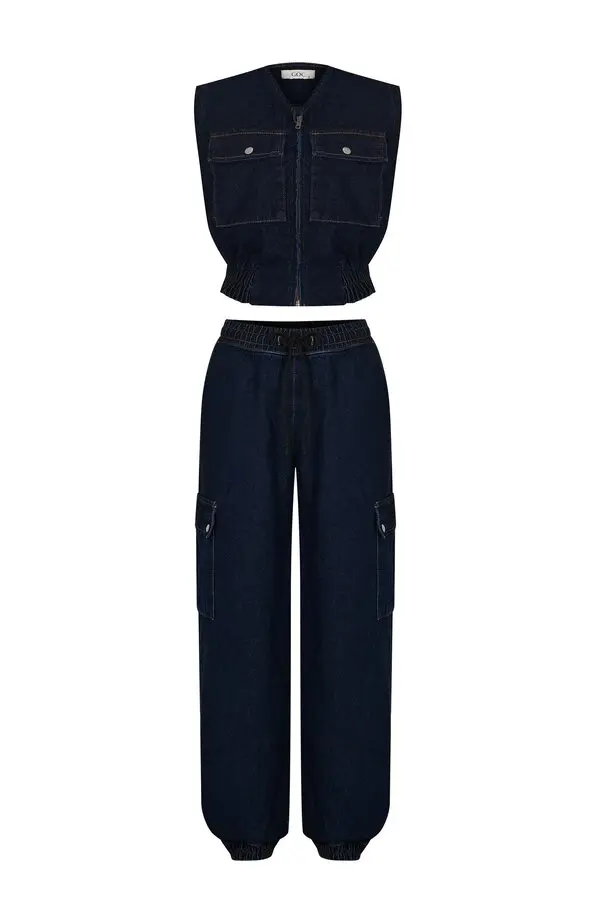GOC DENIM Denim Cargo Set With Cropped Vest - Blue