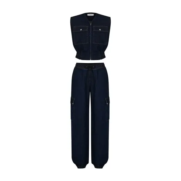 GOC DENIM Denim Cargo Set With Cropped Vest - Blue