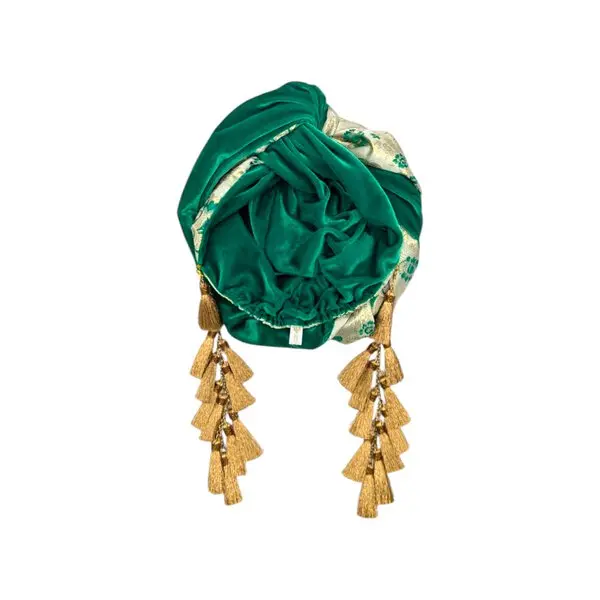 JULIA CLANCEY Velour Brocade Reversible Turban - Gold/green