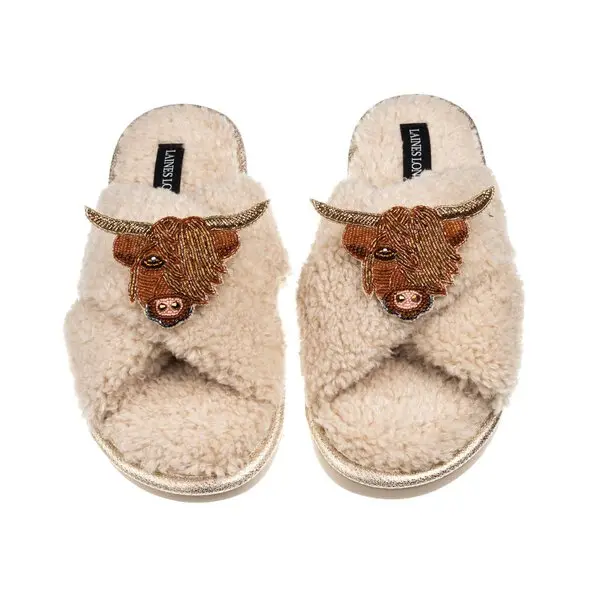 LAINES LONDON Highland Cow Boucle Slippers - Brown