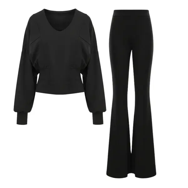 BLUZAT Kimono Blouse And Flared Trousers Set - Black