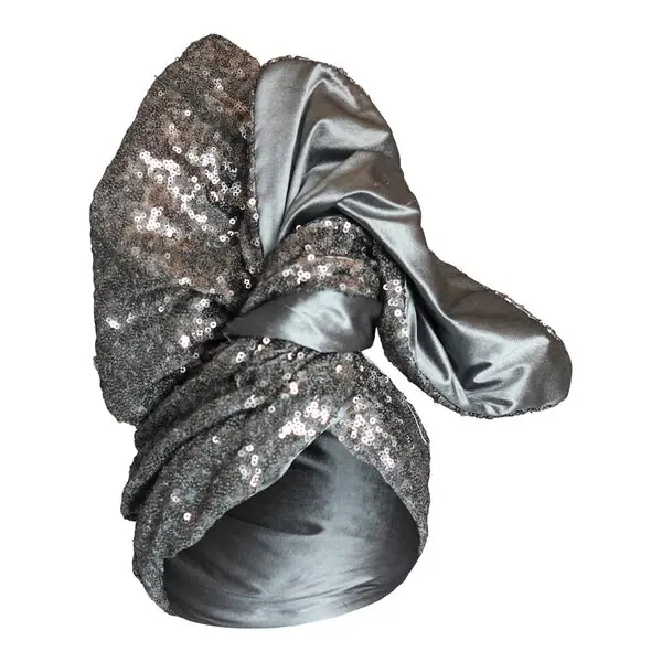 ROMER MILLINERY Shantung & Sequin Twist Turban - Silver