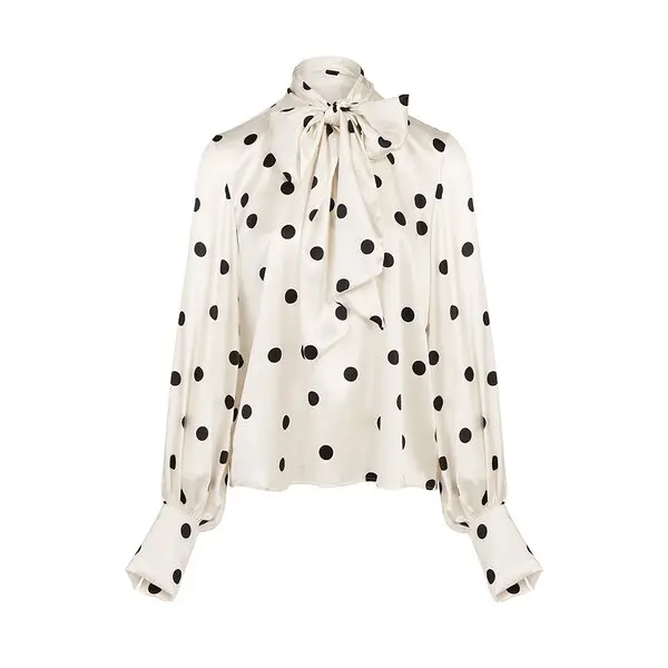 THE SUMMER EDIT Polka Dot Pussy-bow Blouse - White