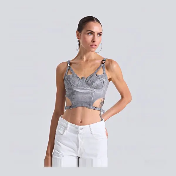 GOC DENIM Structured Cut-out Corset Top - Grey