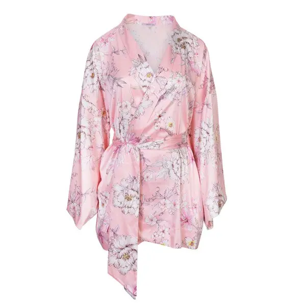 OH!ZUZA NIGHT&DAY Satin Kimono With Floral Print - Pink/white