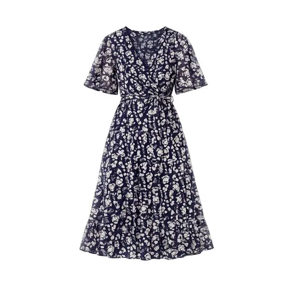 YUMI Navy Floral Mesh Wrap Dress - Blue