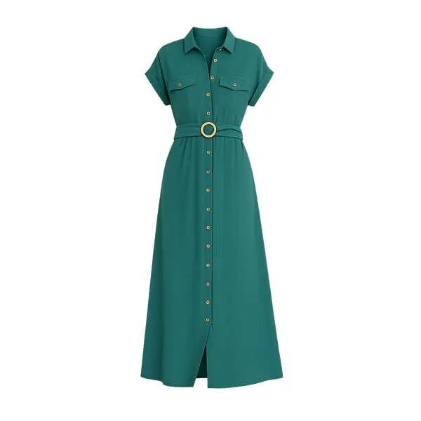 YUMI Viscose Midi Shirt Dress With Wooden Belt - Green