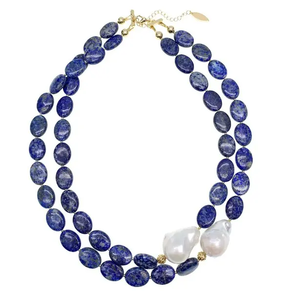 FARRA Lapis And Baroque Pearl Double Strand Necklace - Blue