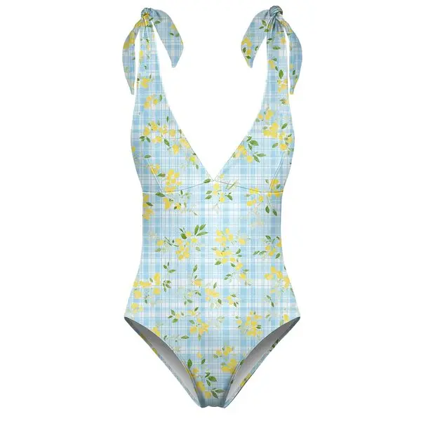 ALOHA FROM DEER Lemon Print One Piece Swimsuit With Tie Straps - Blue