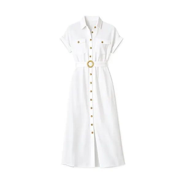 YUMI Viscose Linen Look Midi Shirt Dress With Wooden Belt - White
