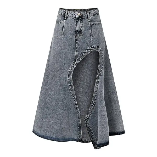 GOC DENIM Maxi Skirt With High Slit - Blue