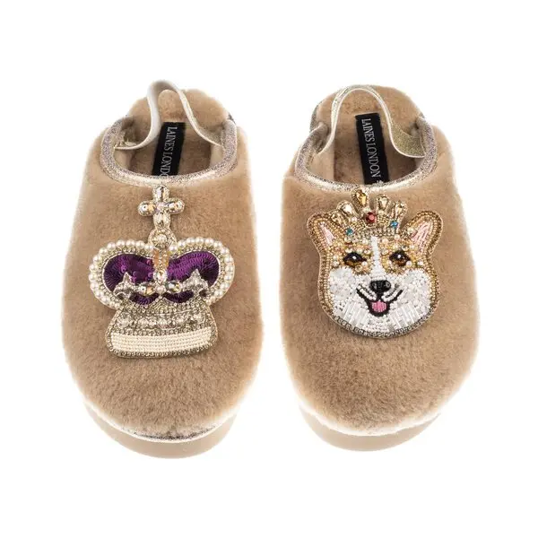 LAINES LONDON Flatform Slippers With Brooches - Brown/gold
