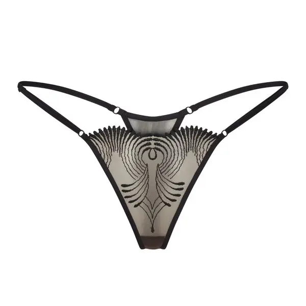 LUNATIC FEMME Neutrals Love Triangle Embroidered Mini G-string - Black/brown