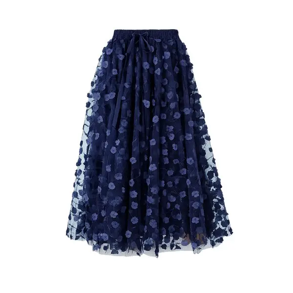 YUMI Mesh Floral Applique Midi Skirt