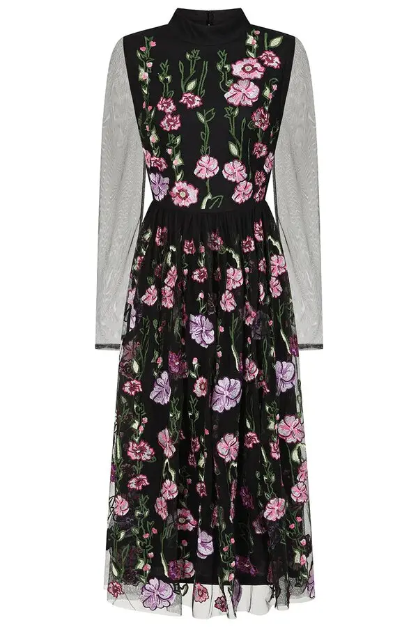 FROCK AND FRILL Raena Floral Embroidered Midi Dress - Black