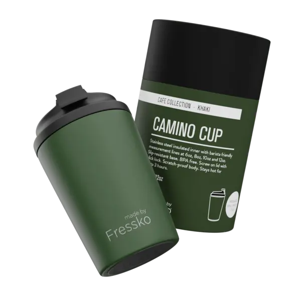 FRESSKO Camino 12oz / 340ml Reusable Coffee Cup, Stainless Steel Khaki - Green
