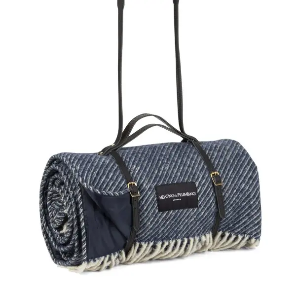 HEATING & PLUMBING LONDON Pure New Wool Picnic Blanket The Yacht Club Long Black Strap - Blue