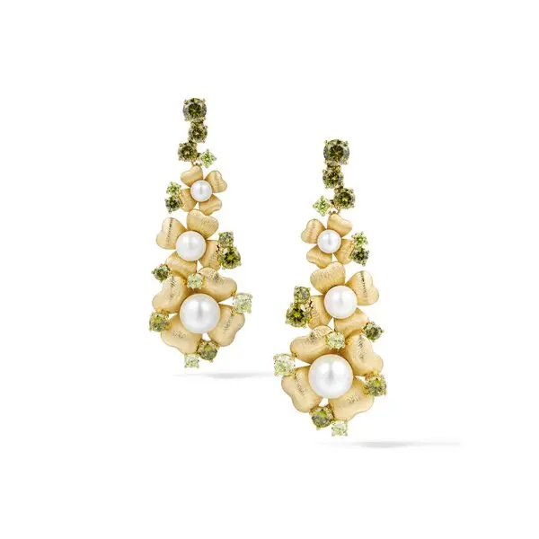 RETRO CHIC Garden Blossom Dangle Earrings With Pearls And Zirconia - Gold/white/green
