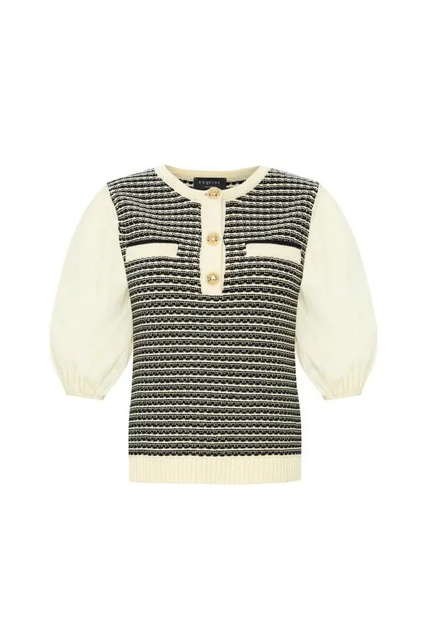 EXQUISE Knit Blouse With Poplin Sleeves And Pocket Detail