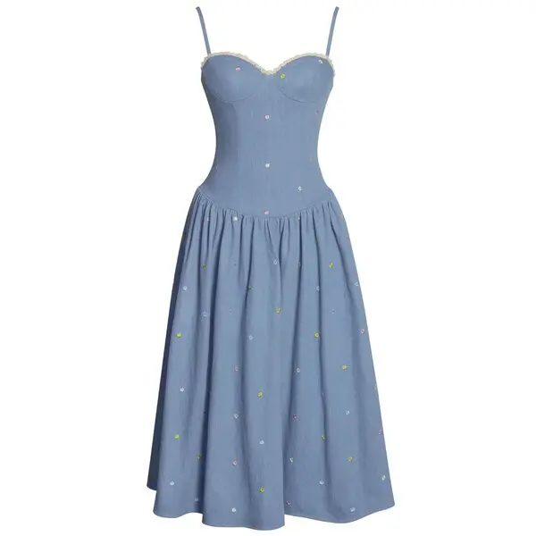 MISS CIRCLE NEW YORK Cotton Denim Midi Dress With Floral Embroidery - Blue