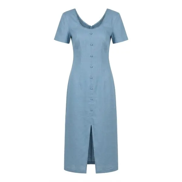 ASHITA FERNANDES Linen Midi Dress With Scalloped Scoop Neckline - Blue