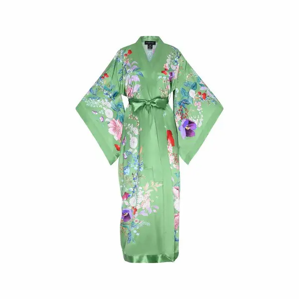 MENG Paris Watercolour Flowers Silk Satin Kimono - Green